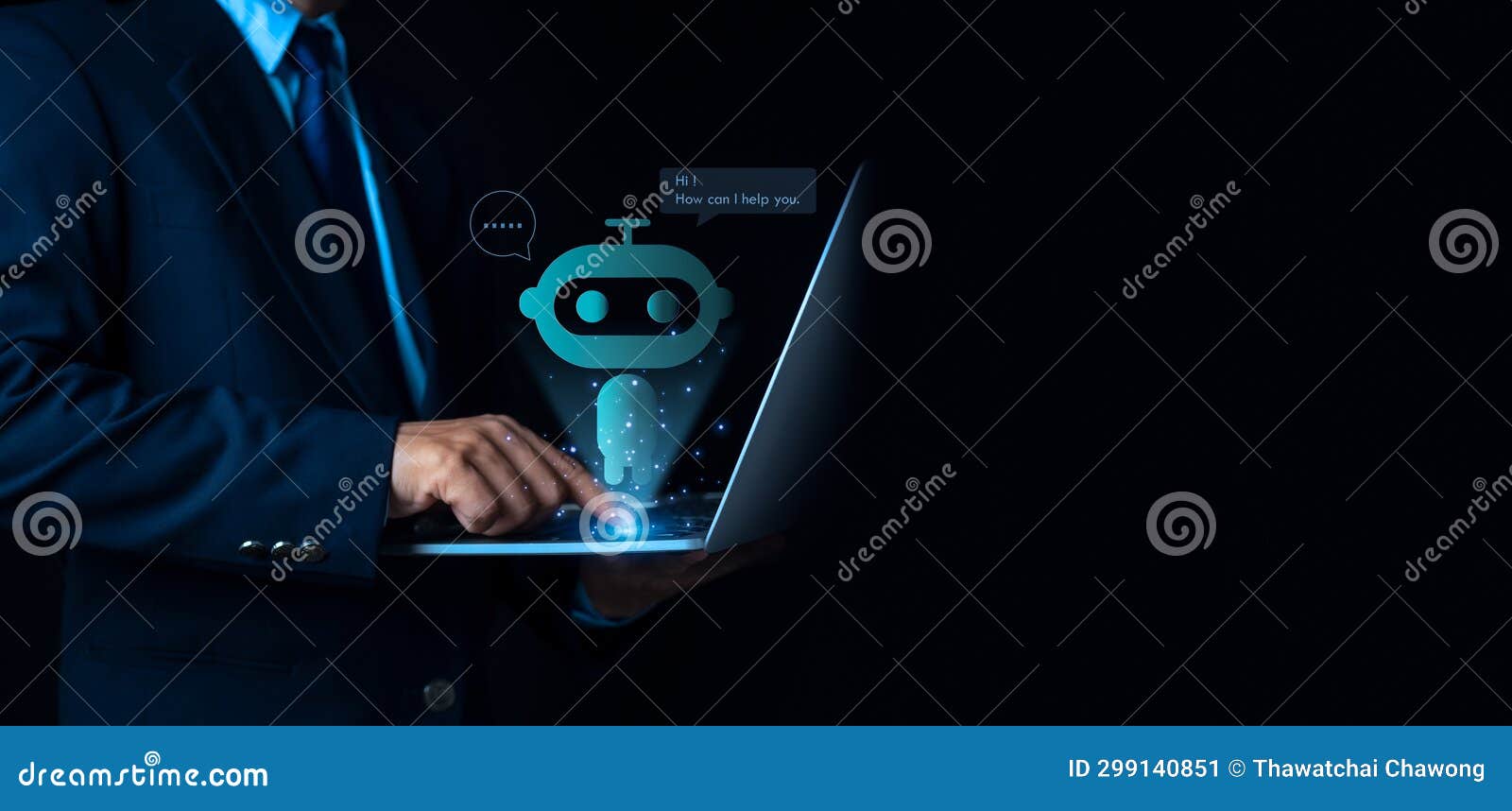 Businessman Uses Computer To Type Chat Ask and Answer with the ...