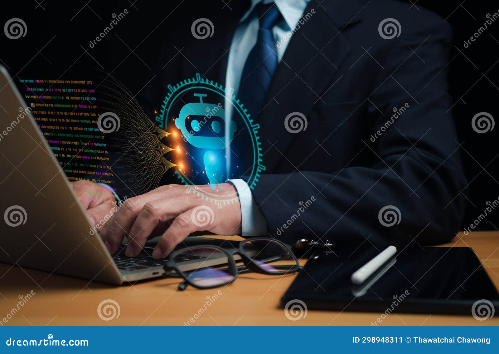 Businessman Uses Computer To Type Chat Ask and Answer with the ...