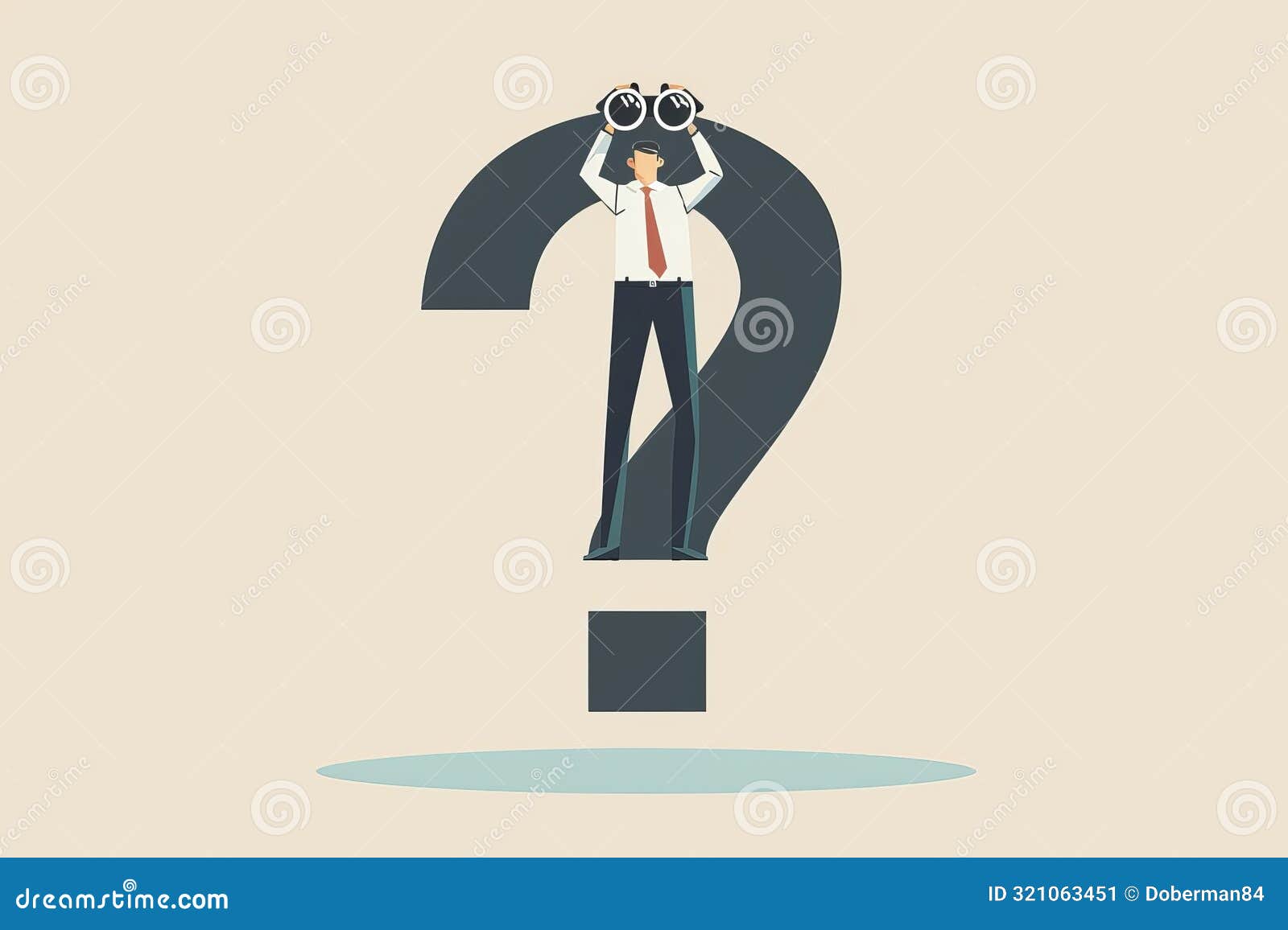 Businessman Using Binoculars Standing on Giant Question Mark ...