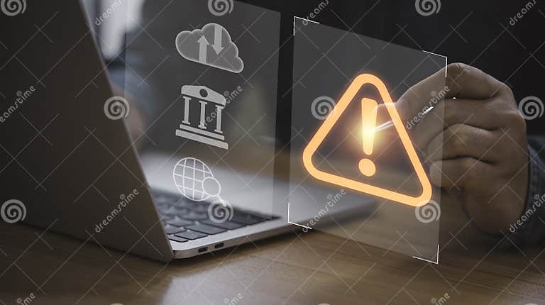 Businessman Using Computer Laptop with Red Triangle Caution Warning ...