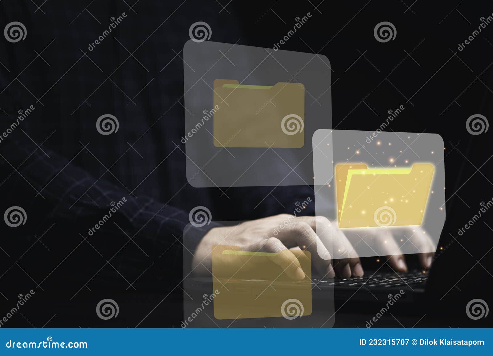 Businessman Using Computer Laptop with Virtual Folder Graphic for ...