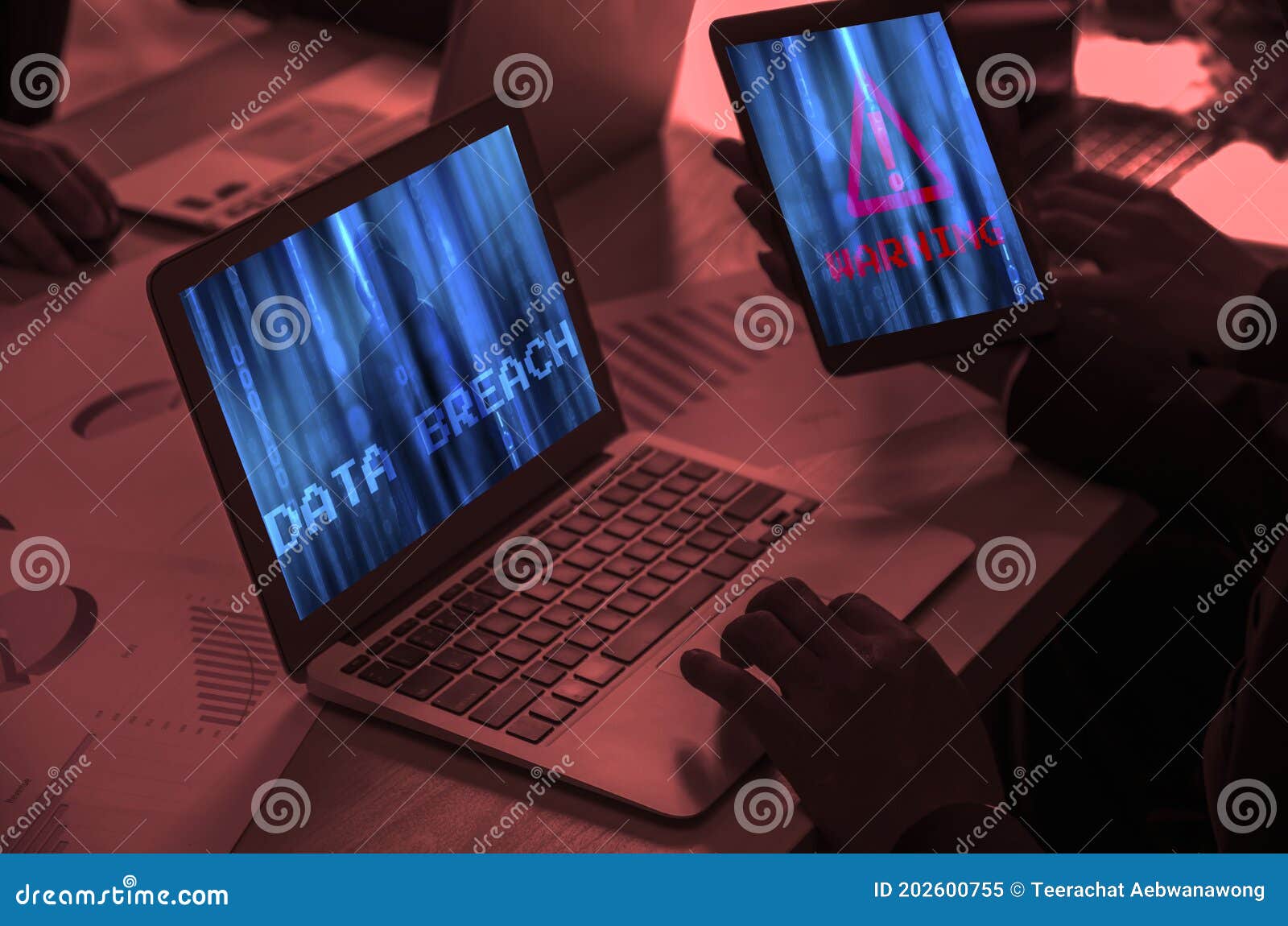 Businessman Using Computer Notebook and Tablet in Office Get Waring ...