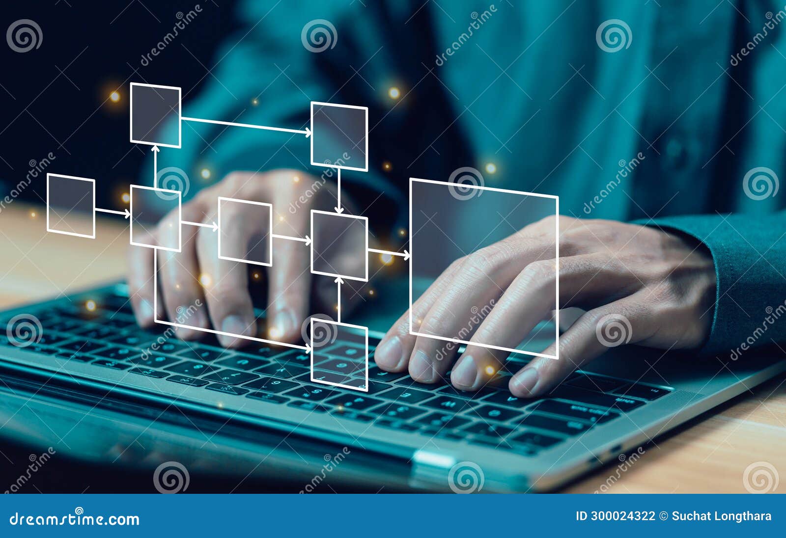 Businessman Using Computer Show Organigram or Diagram Algorithm Flow To Design Workflow ...