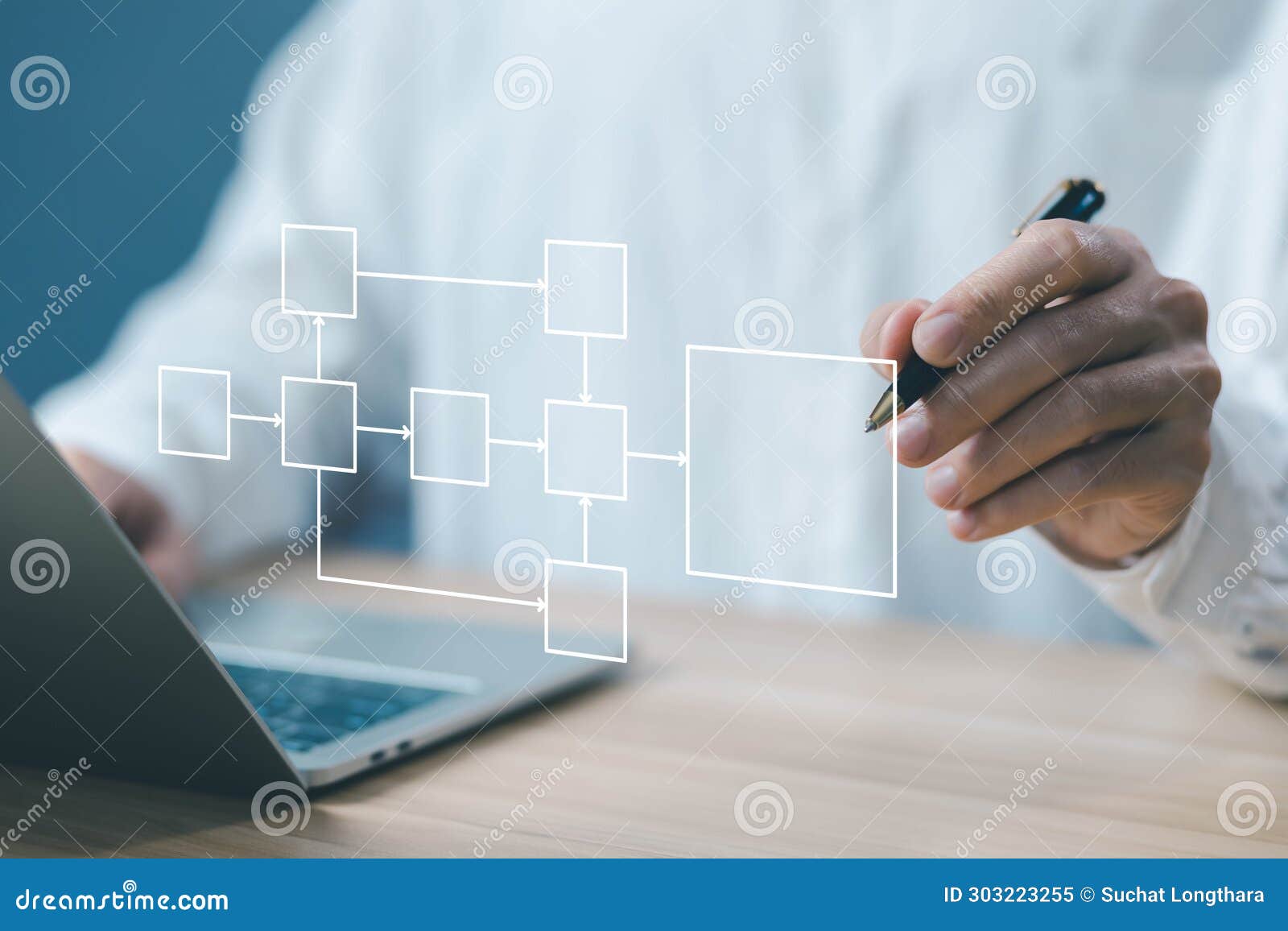 Businessman Using Computer Show Organigram or Diagram Algorithm Flow To Design Workflow ...