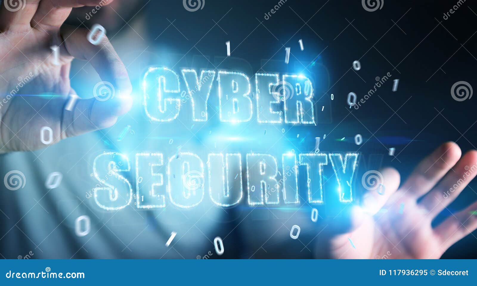 Businessman Using Cyber Security Text Hologram 3D Rendering Stock ...