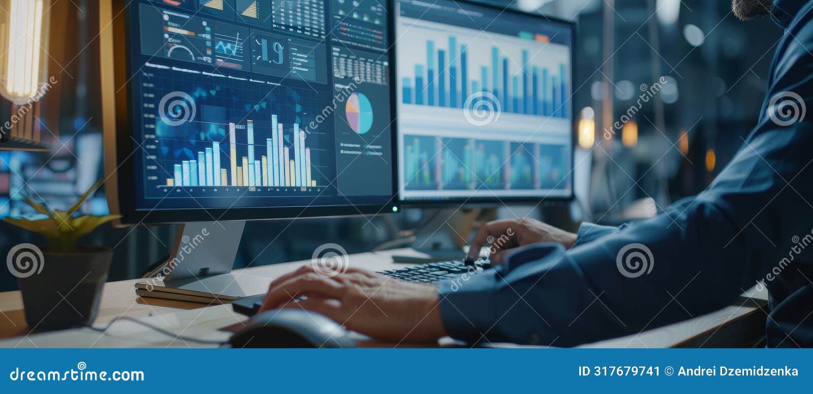 Businessman Using Desktop Computer with Company& X27;s Growth ...