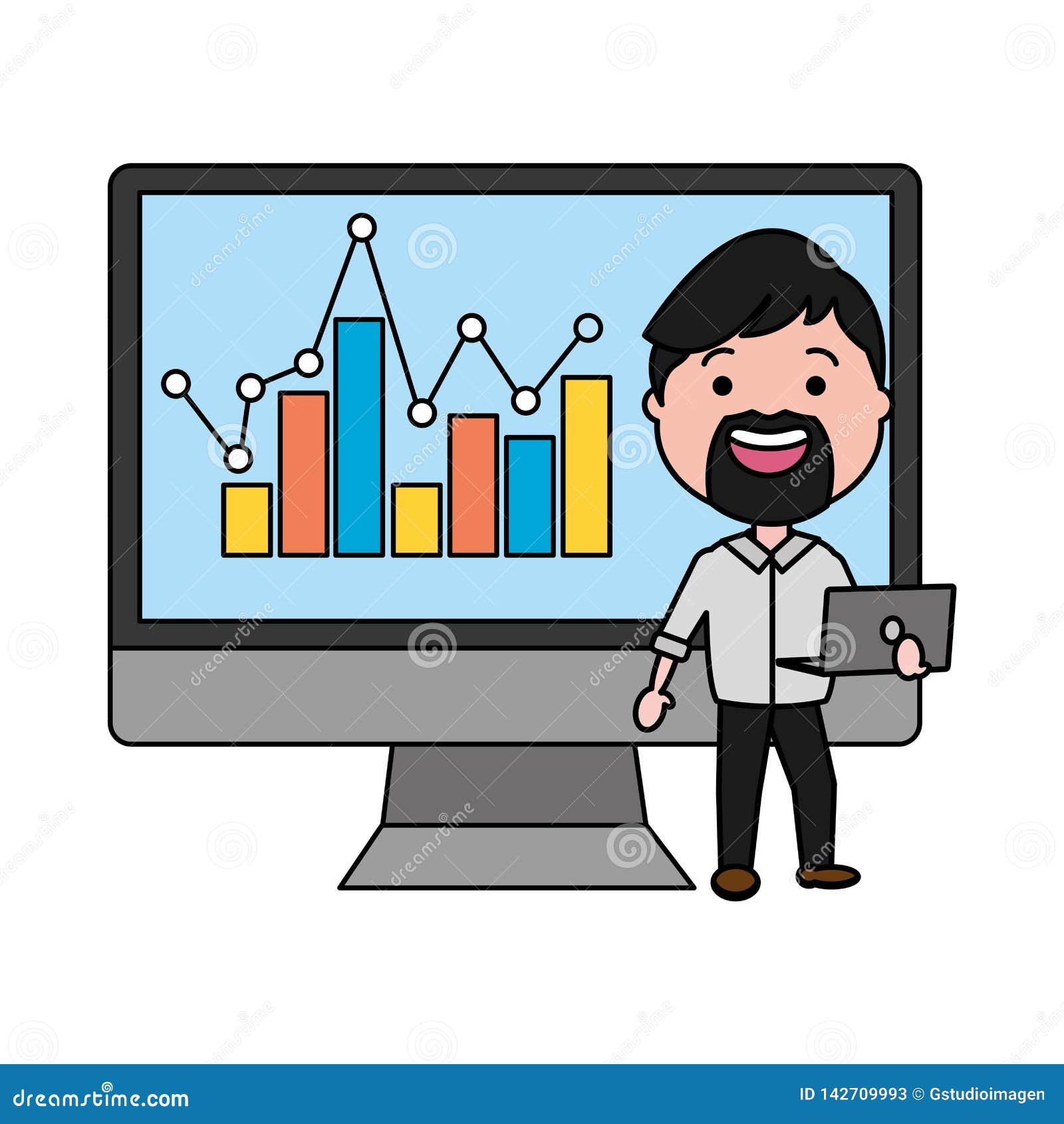 Businessman Using Desktop Computer with Statistics Stock Vector ...