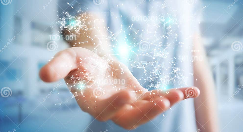 Businessman Using Digital Binary Code Connection Network 3D Rend Stock ...