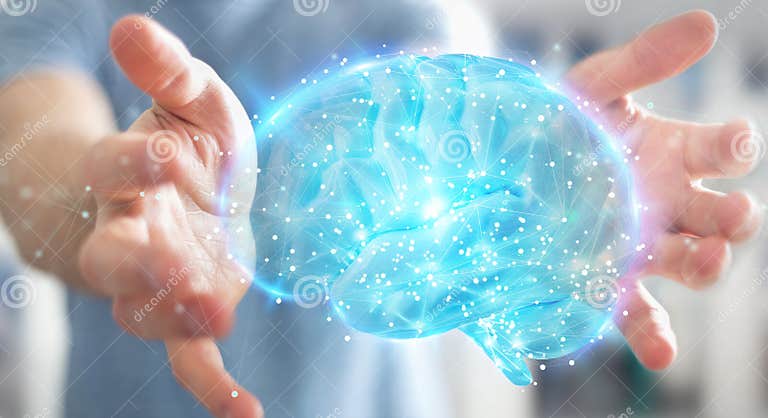 Businessman Using Digital 3D Projection of a Human Brain 3D Rend Stock ...