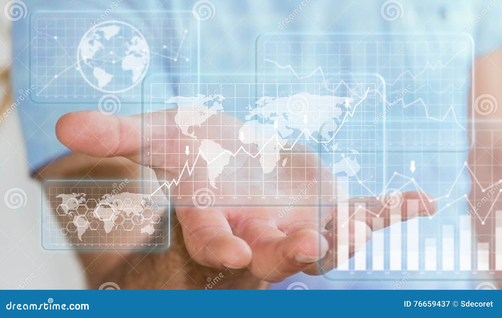 Businessman Using Digital Flying Charts and Bars Interface Stock ...