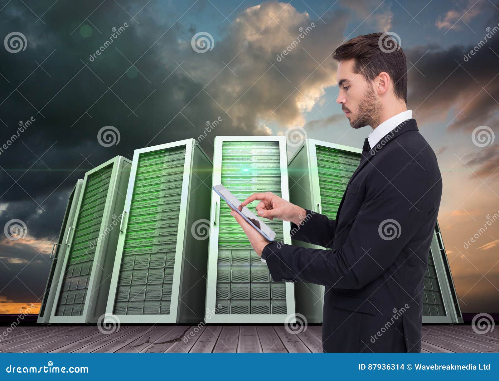 Businessman Using Digital Tablet Against Server Systems in Sky Stock ...