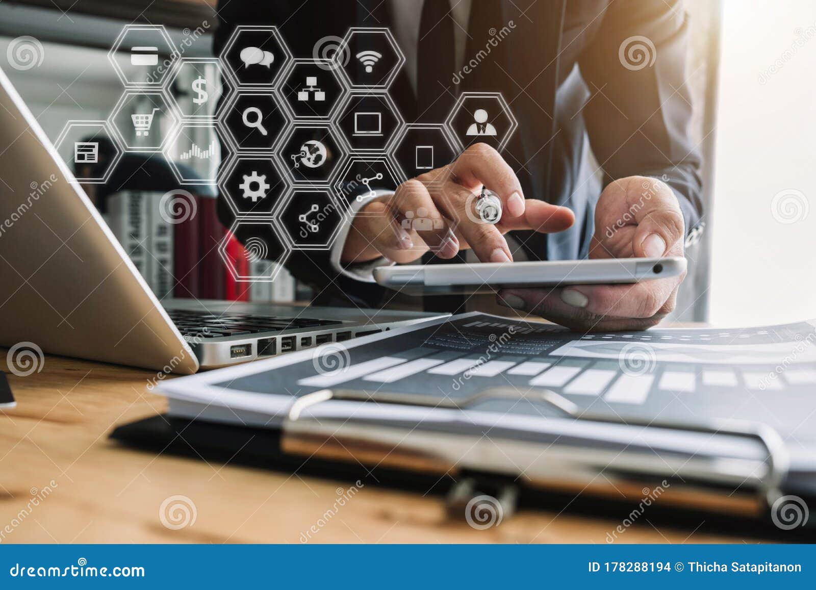 Businessman Using Digital Tablet Analyzes Business Data, Busy Working ... Businessman Using Digital Tablet Analyzes Business Data, Busy Working ...