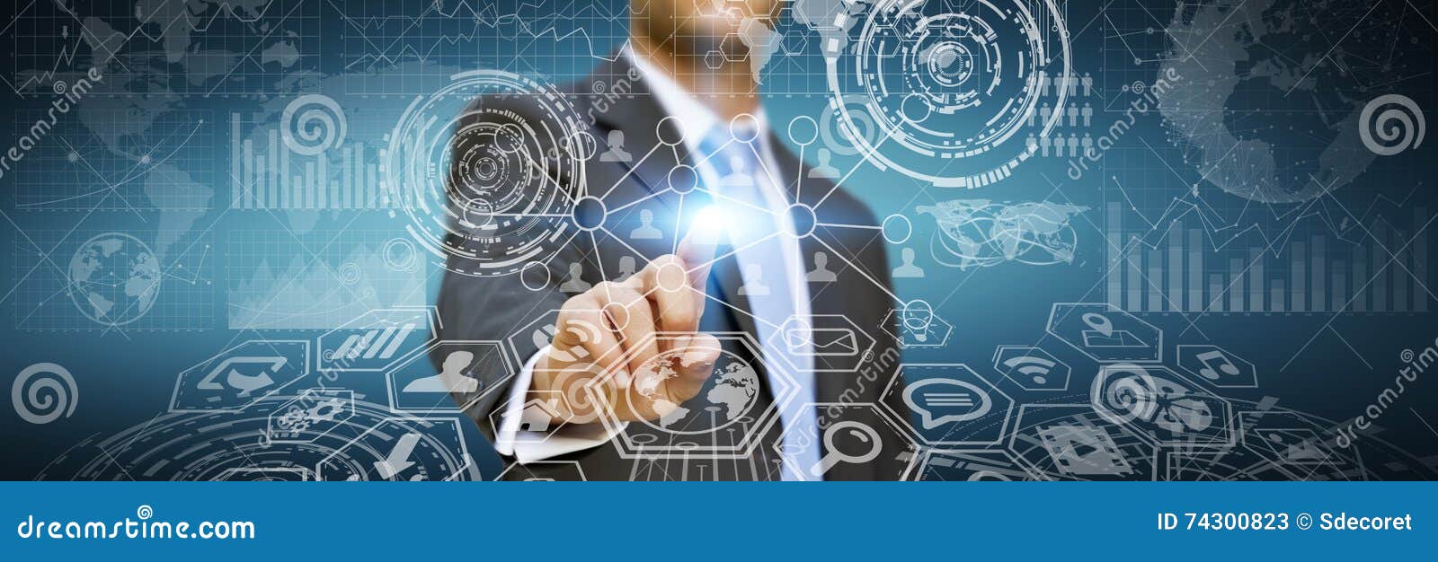 Businessman Using Digital Tactile Screen with Charts Stock Illustration ...