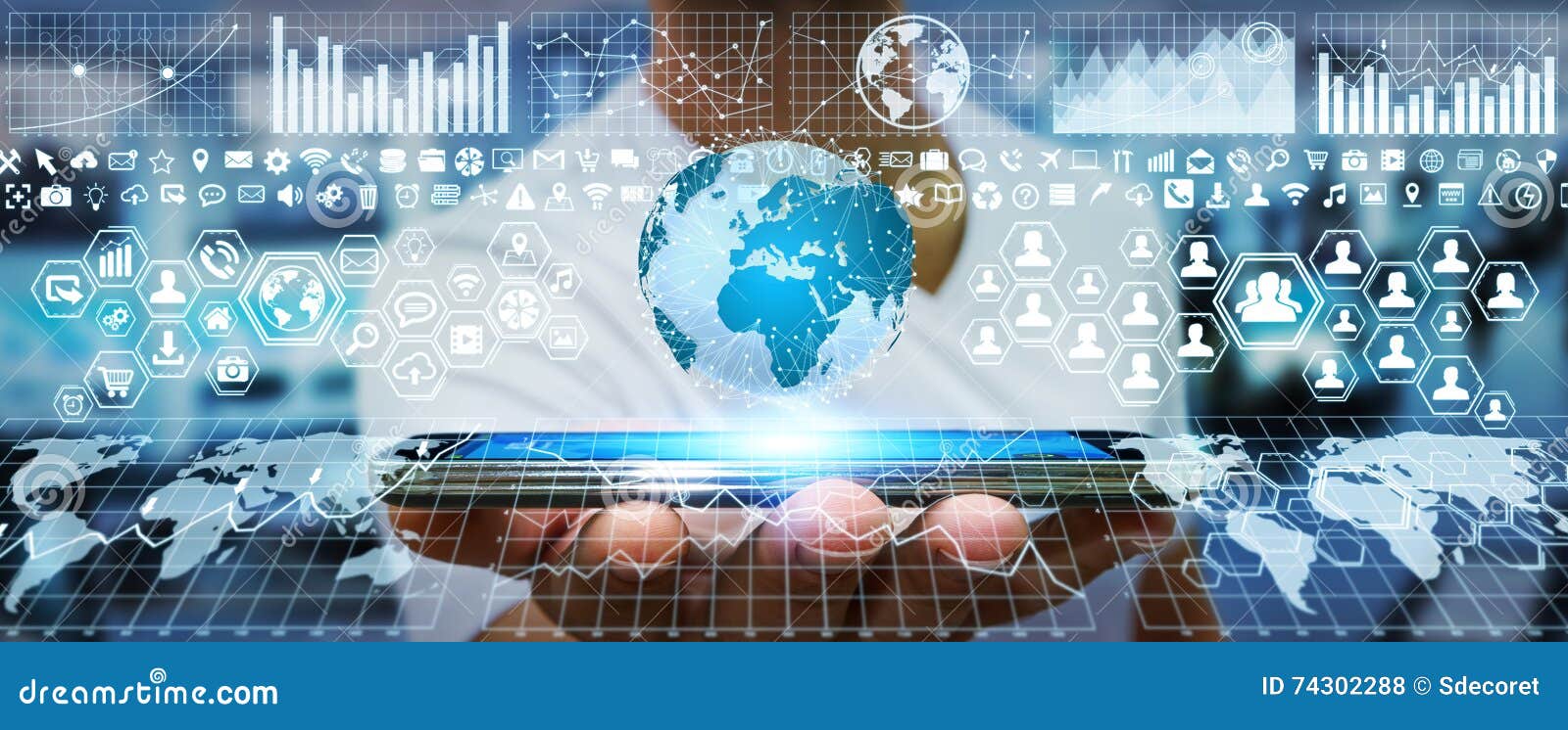 Businessman Using Digital Tactile Screen with Charts Stock Illustration ...