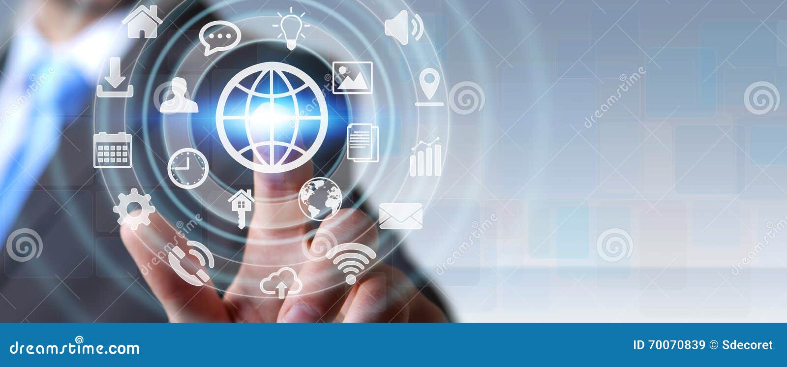 Businessman Using Digital Tactile Screen Interface with Web Icon Stock ...