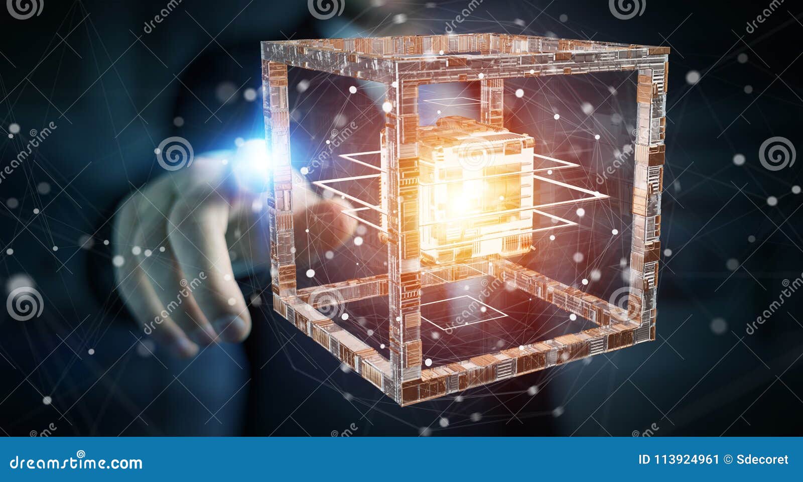 Businessman Using Futuristic Cube Textured Object 3d Rendering Stock