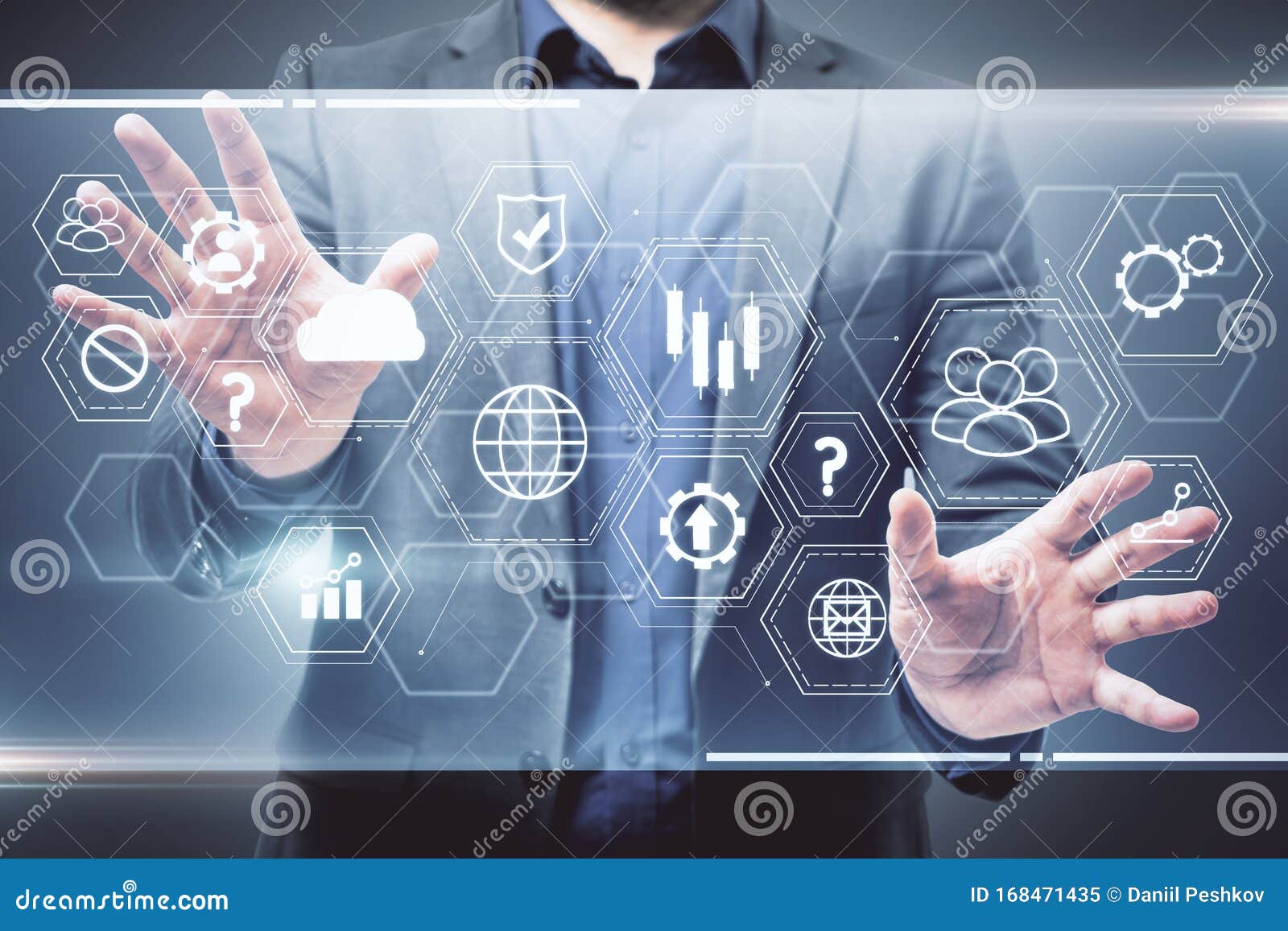 Businessman Using Glowing Abstract Global Business Interface Stock ...