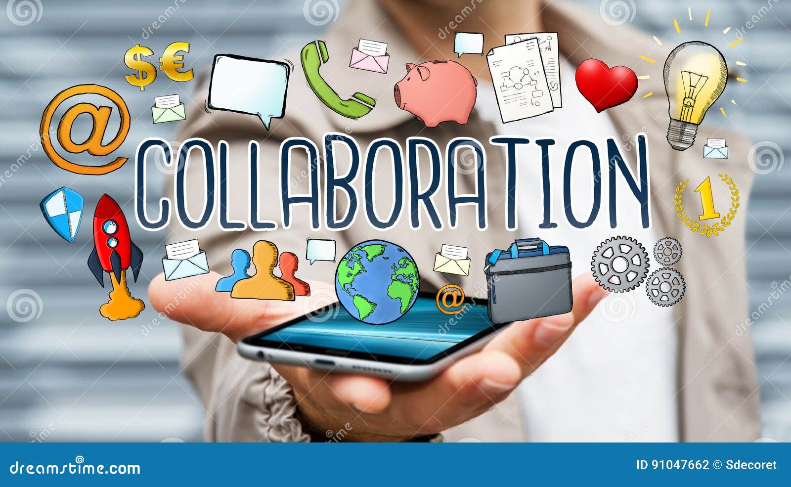 Businessman Using Hand-drawn Collaboration Presentation Stock ...