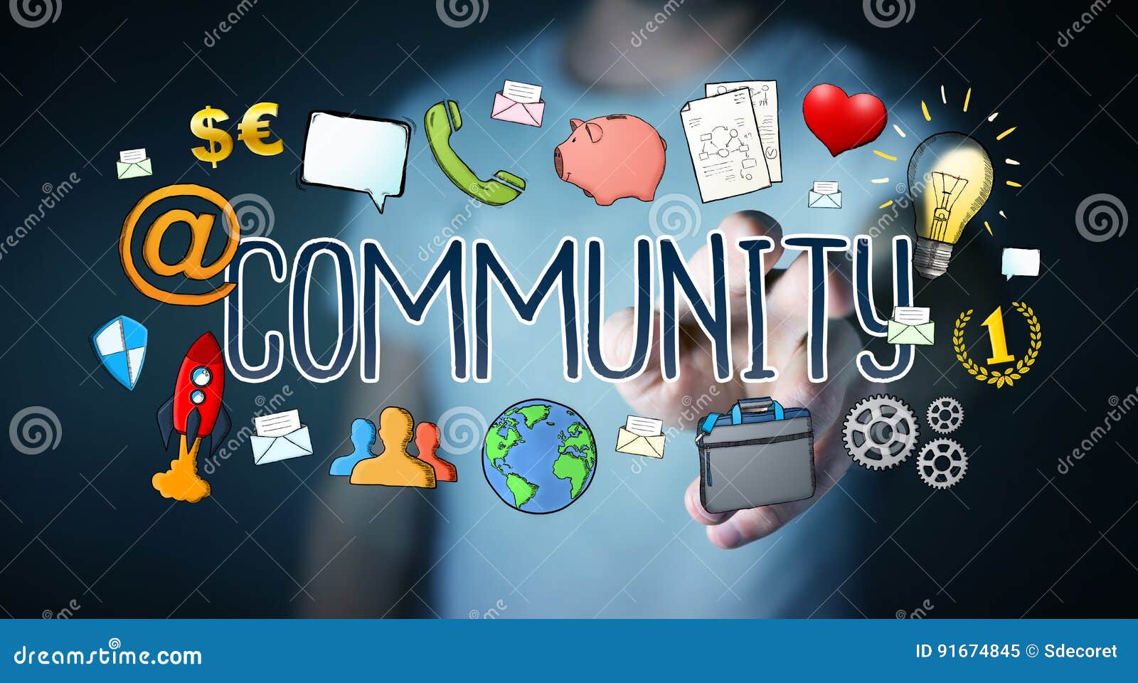 Businessman Using Hand-drawn Community Presentation Stock Illustration ...