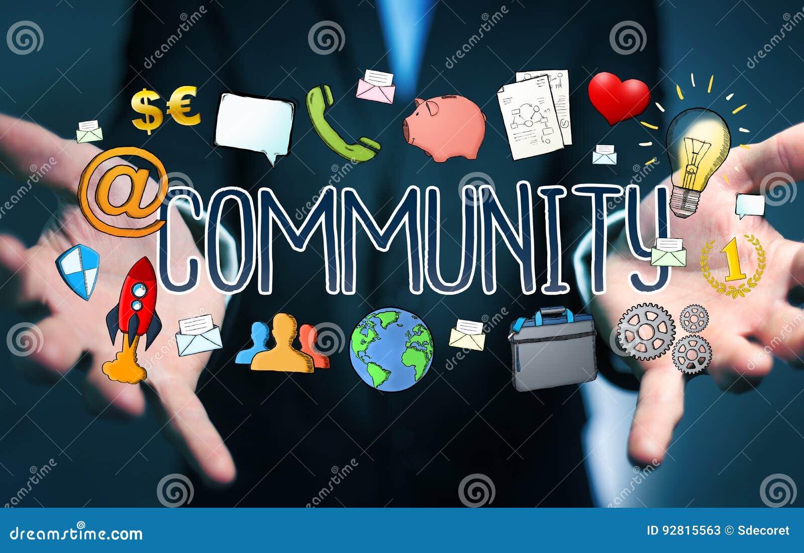 Businessman Using Hand-drawn Community Presentation Stock Illustration ...
