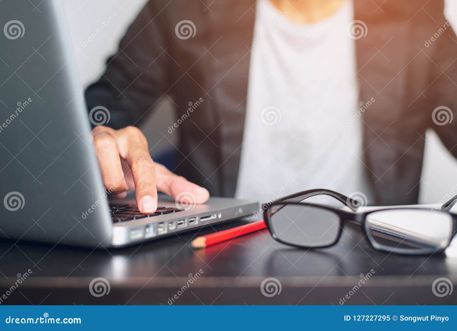 Businessman Using a Hand Press a Button on a Computer Stock Image ...