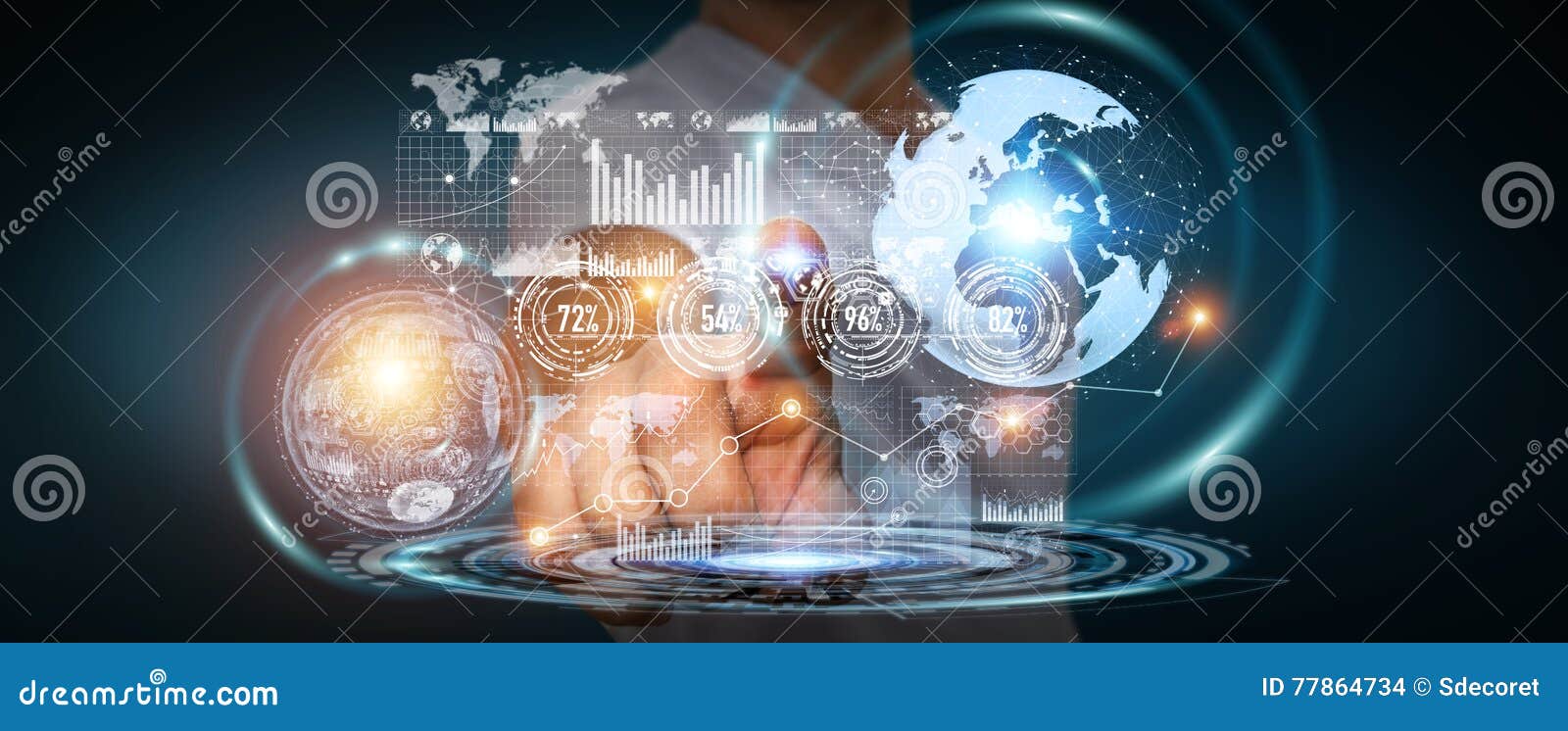 Businessman Using Hologram Screen with Digital Data Stock Illustration ...