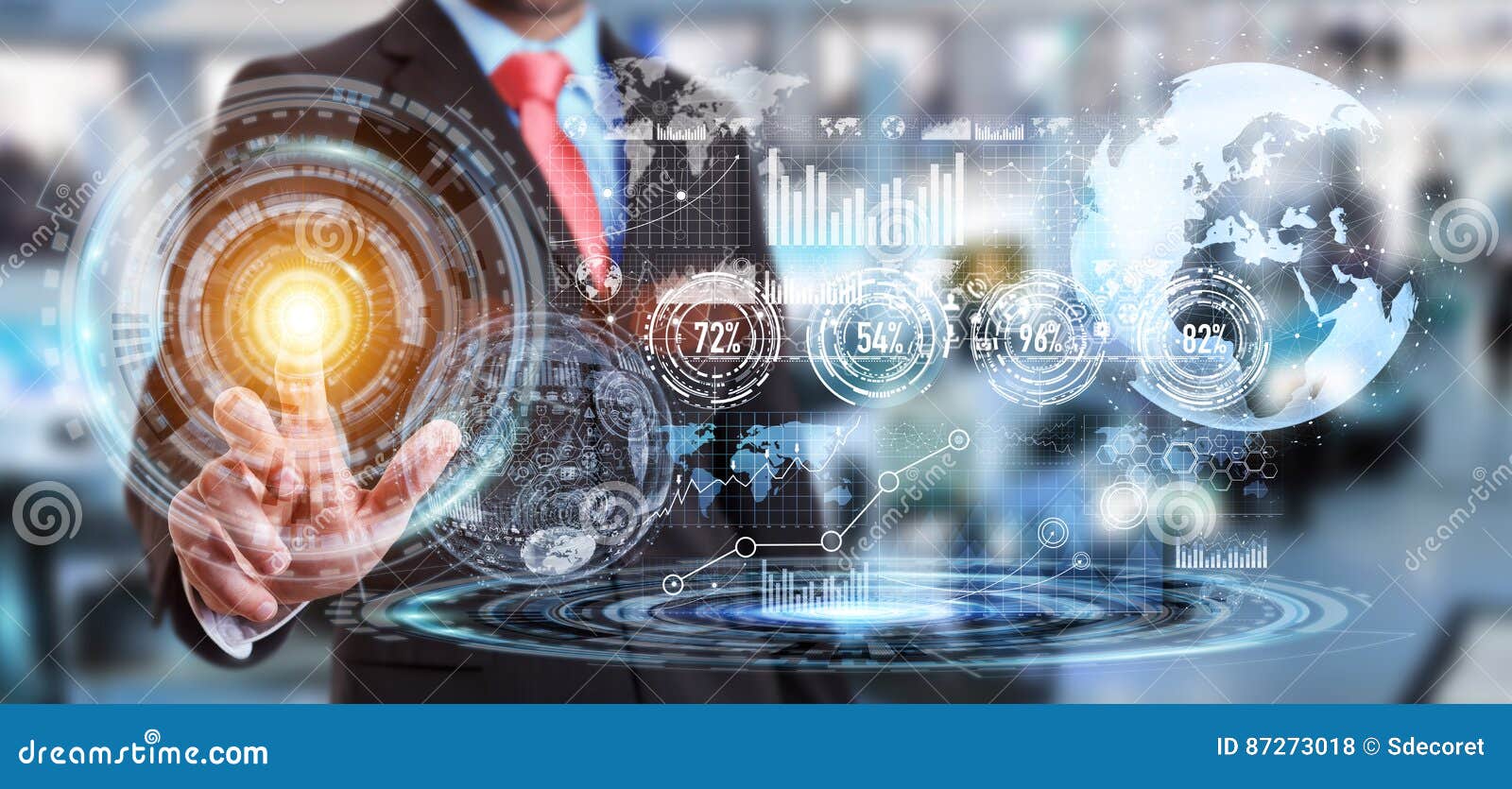 Businessman Using Hologram Screen with Digital Data Stock Illustration ...