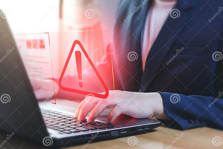 Businessman Using Laptop Computer with Alerts, Warning Triangles ...