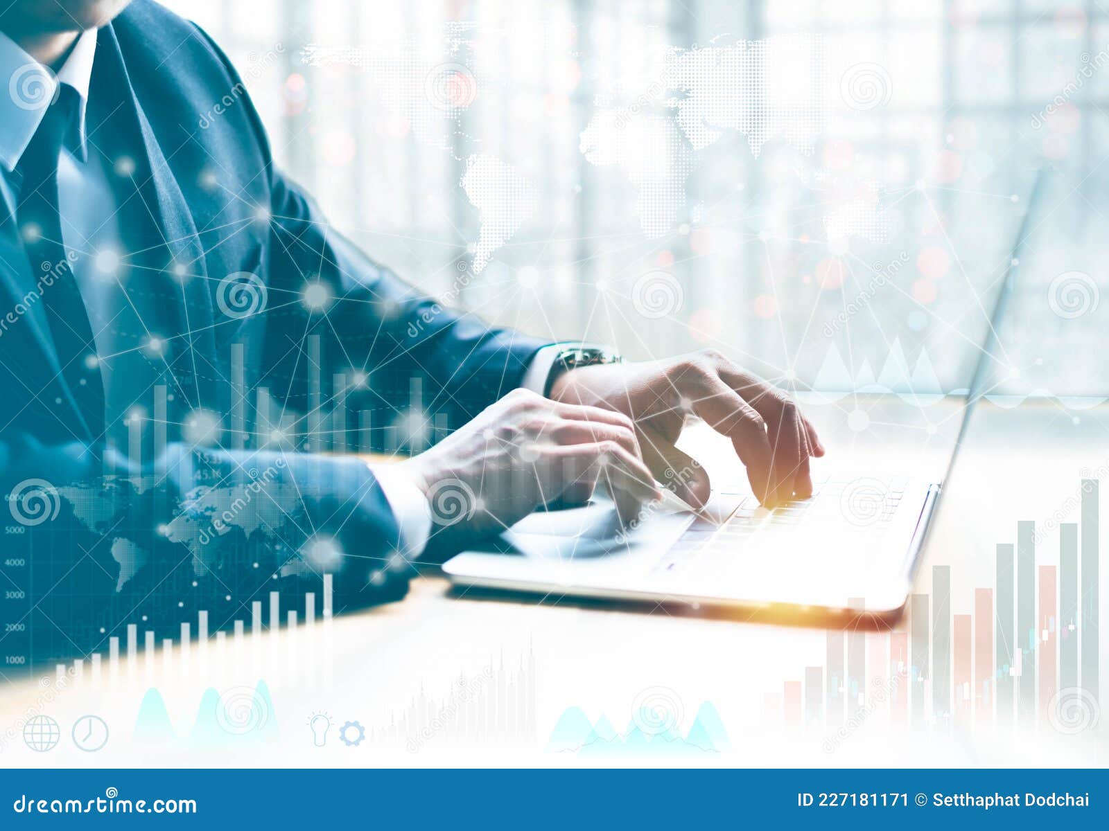 Businessman Using Laptop Computer Working with Economic Growth Graph ...
