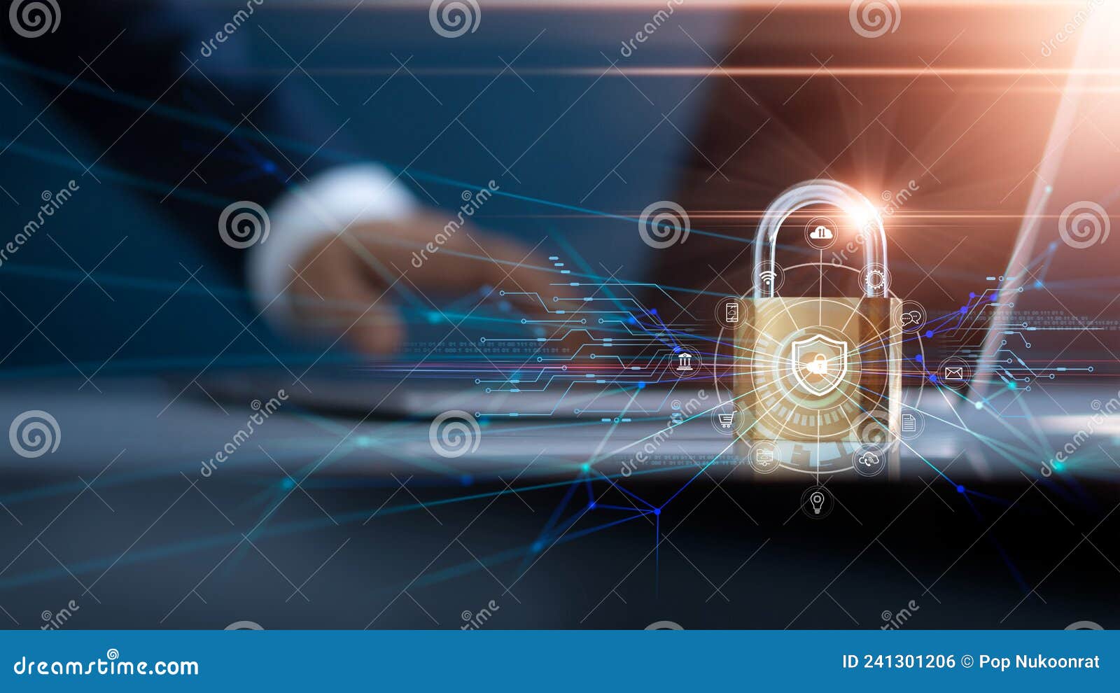 Businessman Using Laptop and Set Up Network Connection with Shield ...