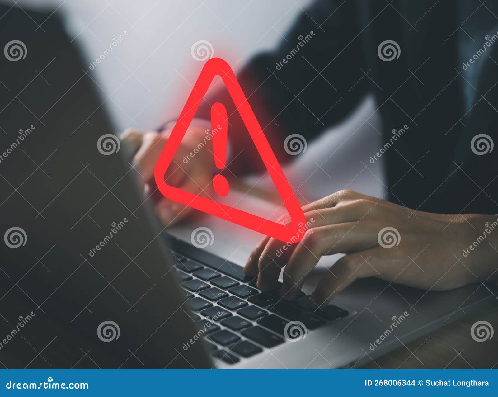 Businessman Using Laptop Showing Warning Triangle and Exclamation Sign ...
