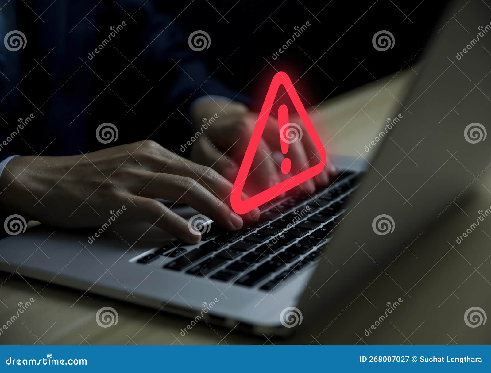 Businessman Using Laptop Showing Warning Triangle and Exclamation Sign ...