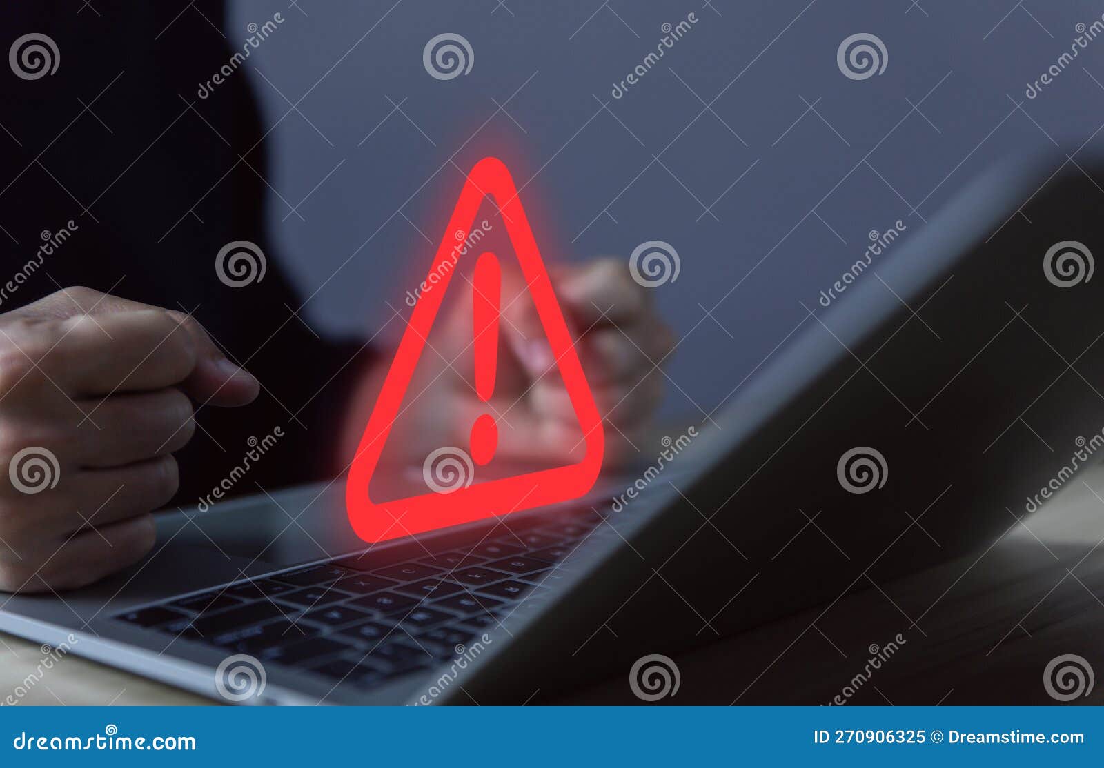 Businessman Using Laptop Showing Warning Triangle and Exclamation Sign ...
