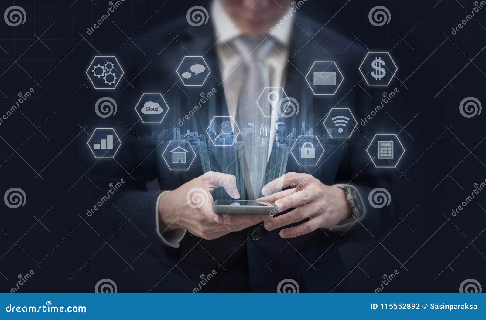 Businessman Using Mobile Smart Phone and Application Icons. Mobile ...