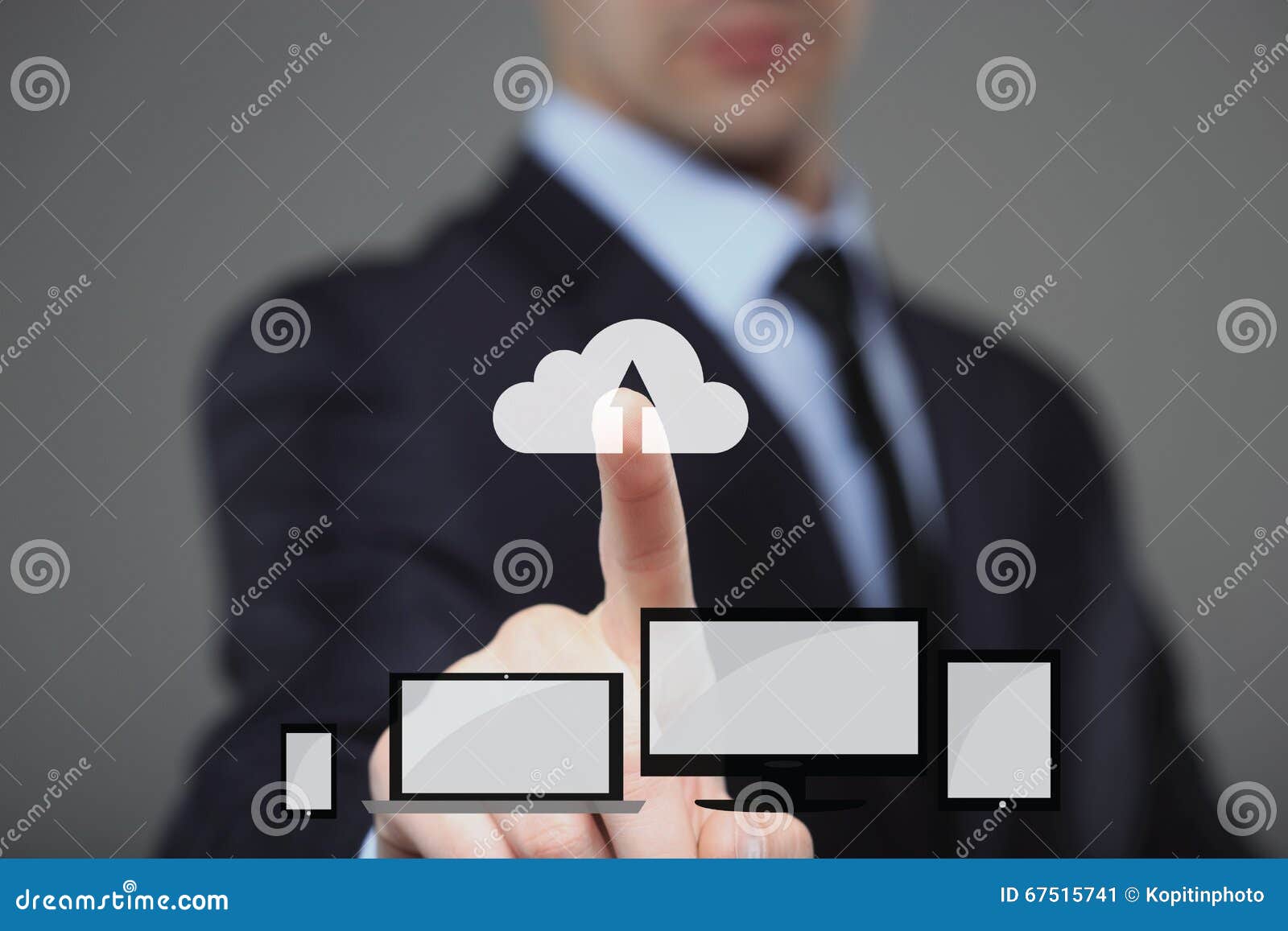 Businessman Using Modern Computer, Pressing Button on Virtual Screen ...