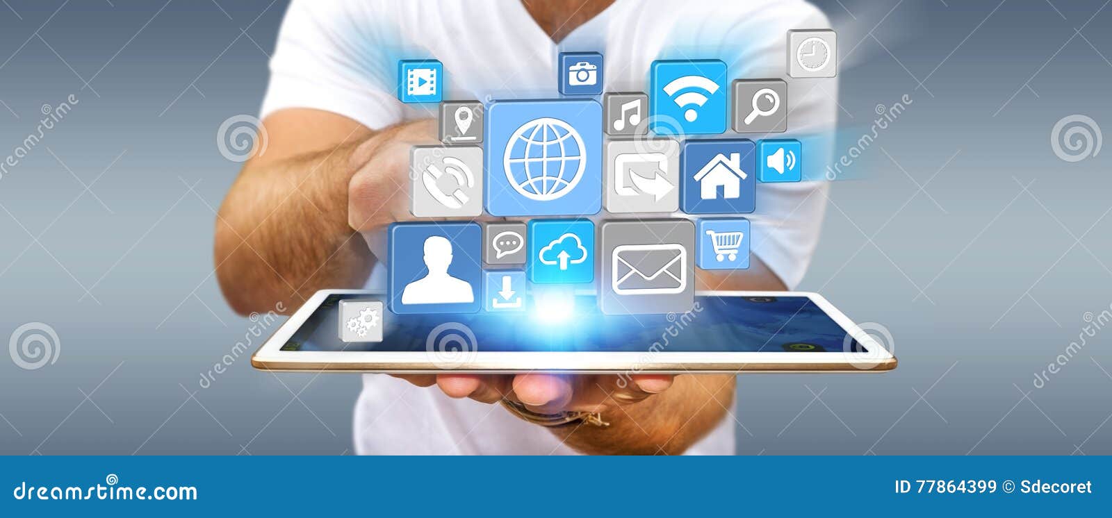 Businessman Using Modern Digital Icon Application on His Tablet Stock ...