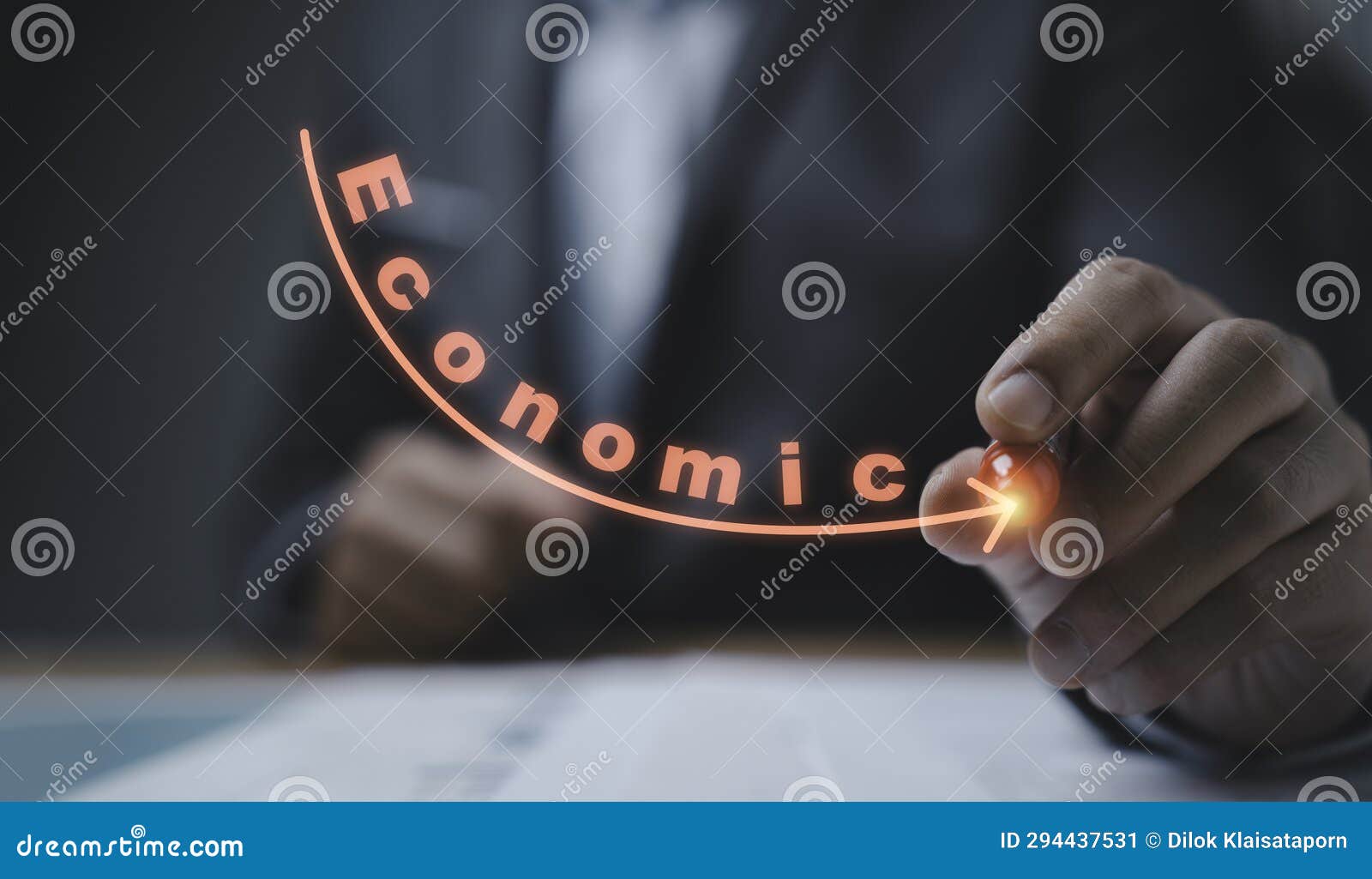 Businessman Using Pen To Drawing Red Decrease Arrow with Economic ...