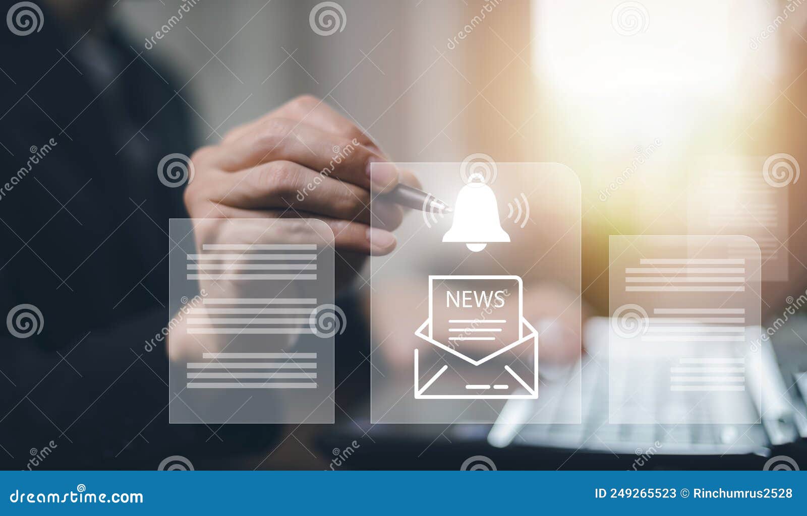 Businessman Using Pen Touch Finger To Press the Button. Notification ...