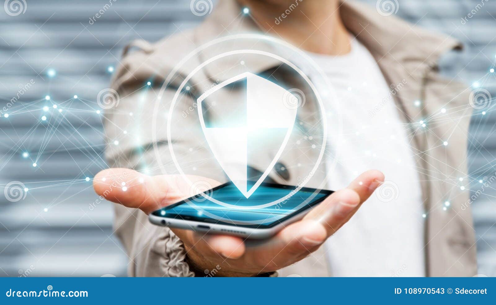Businessman Using Shield Safe Protection with Connections 3D Rendering ...