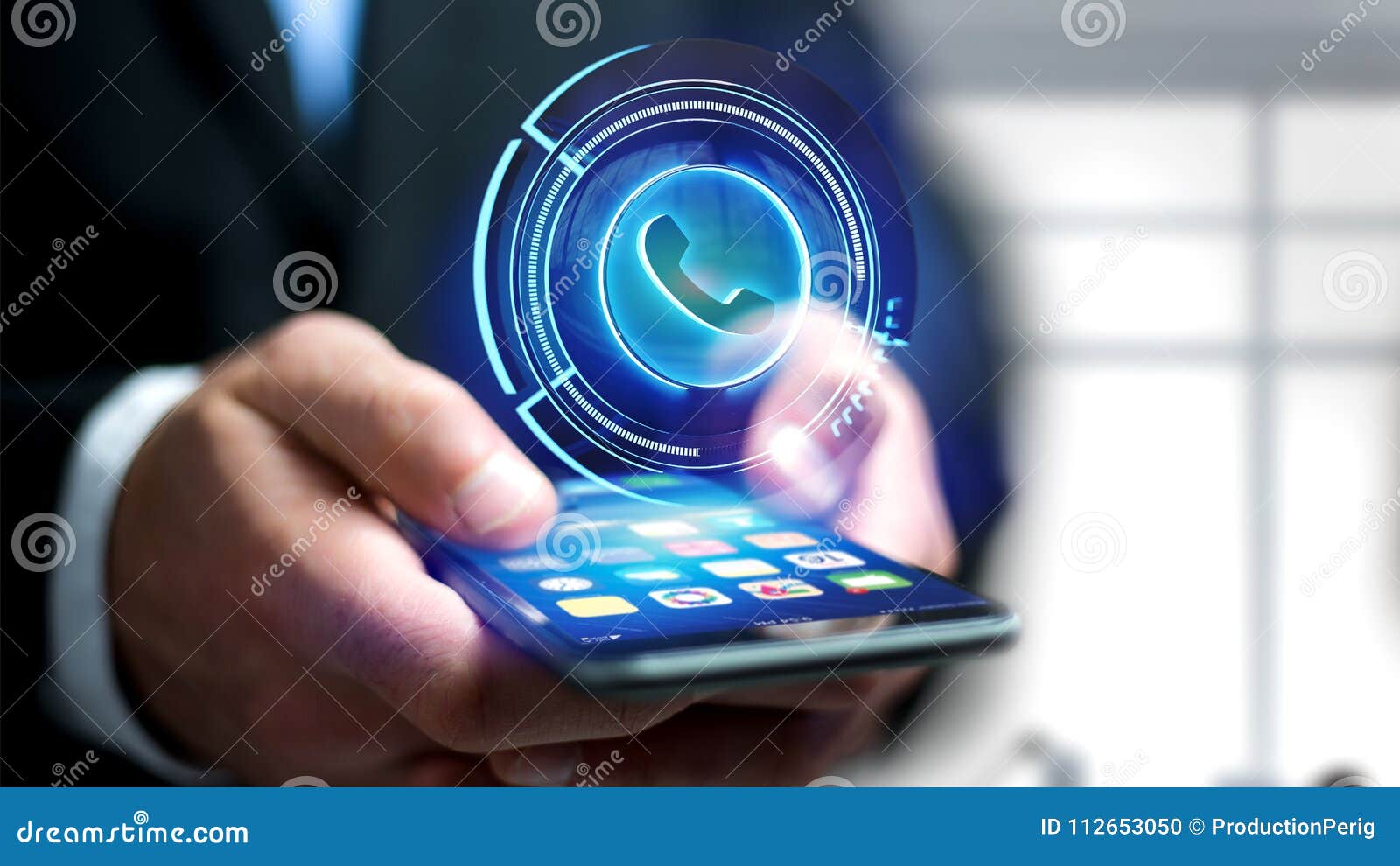Businessman Using a Shinny Technologic Phone Button on His Smart Stock ...