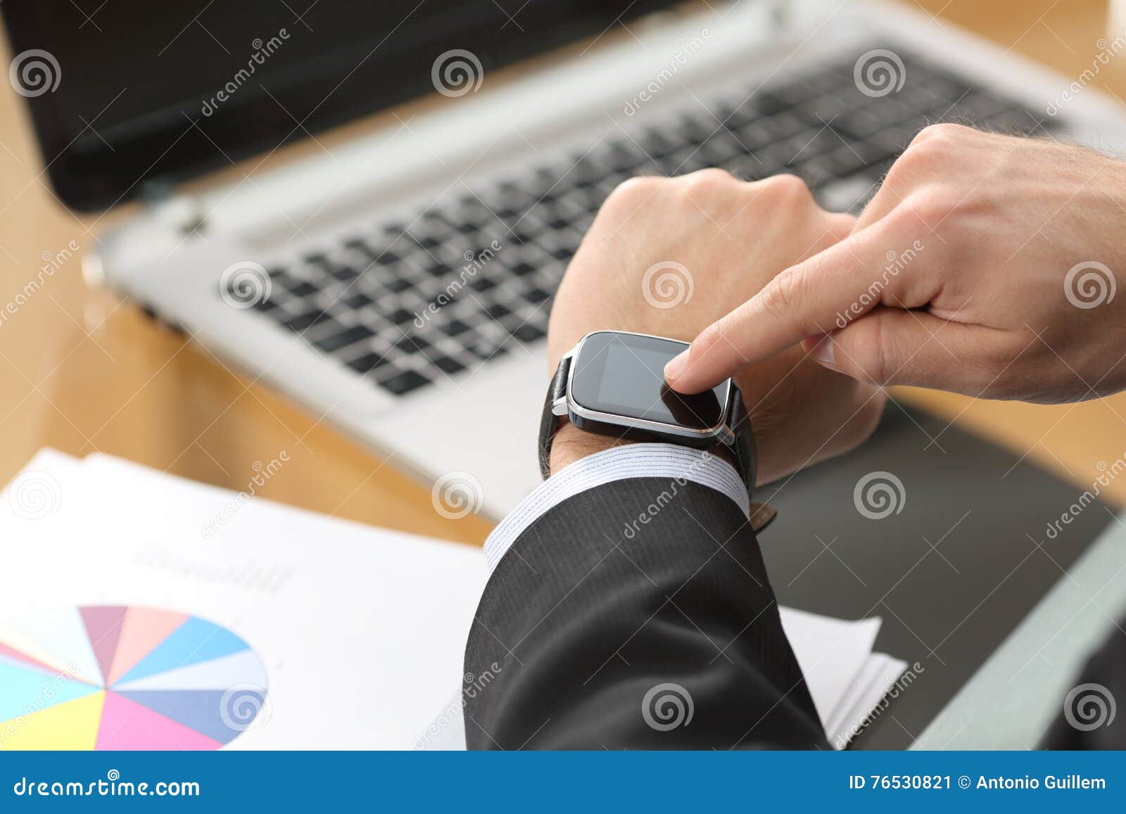 Businessman Using a Smart Watch at Office Stock Image - Image of finger ...