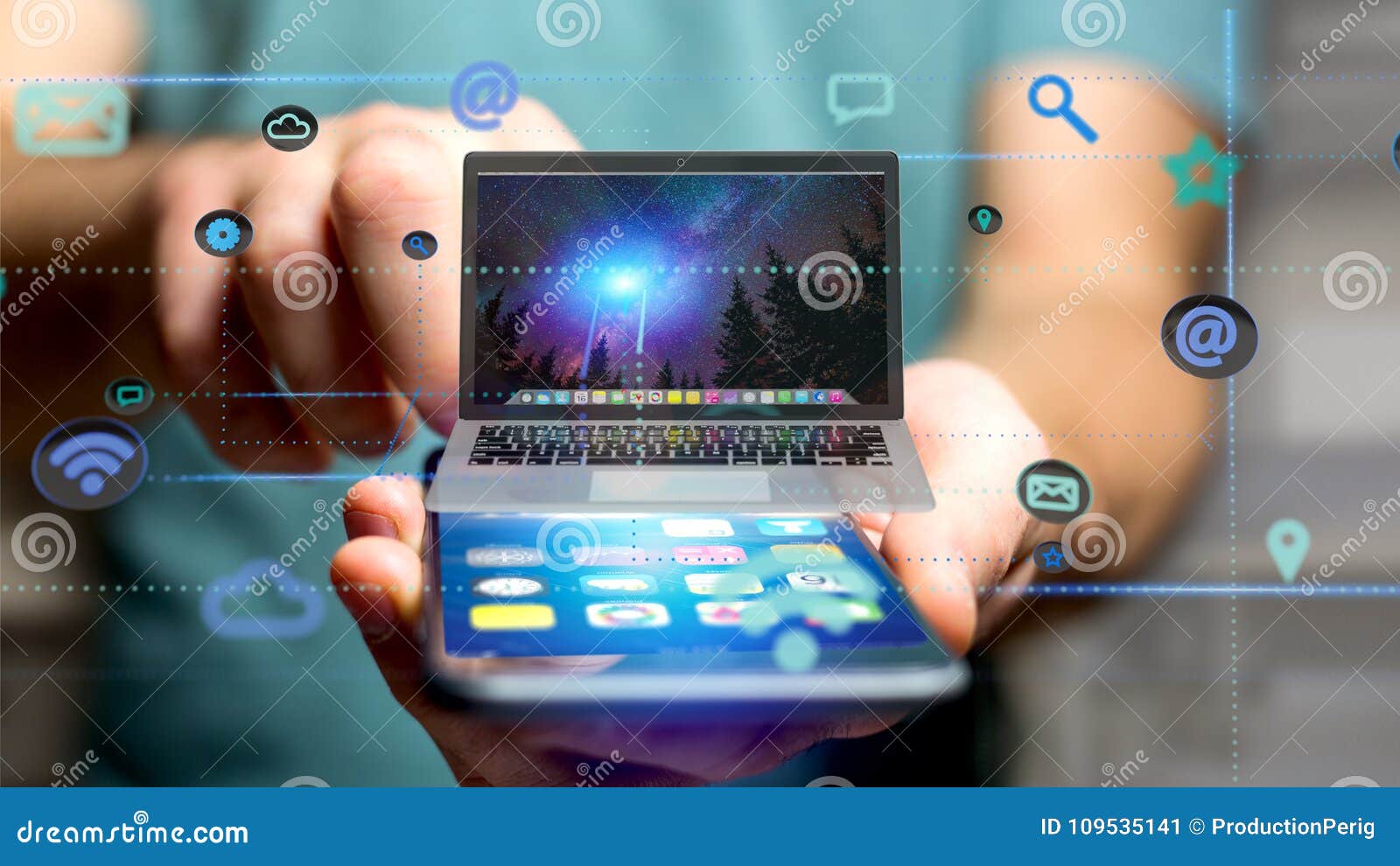 Businessman Using a Smartphone with a Computer Surrounding by Ap Stock ...