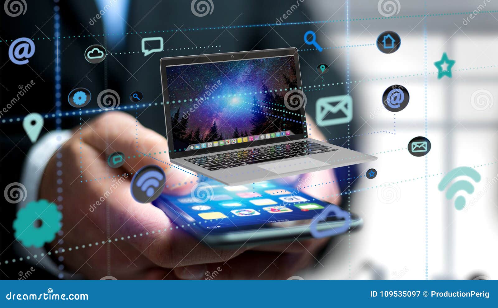 Businessman Using a Smartphone with a Computer Surrounding by Ap Stock ...