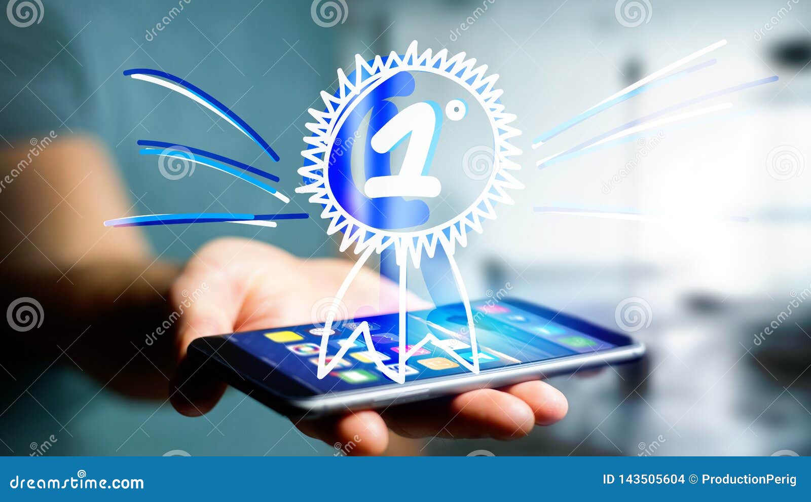 Businessman Using a Smartphone with a Hand Drawn Reward for the Number ...