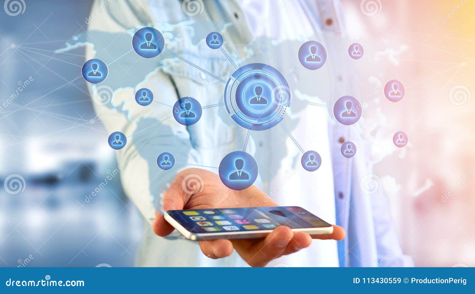 Businessman Using a Smartphone with a Network Over a Connected W Stock ...