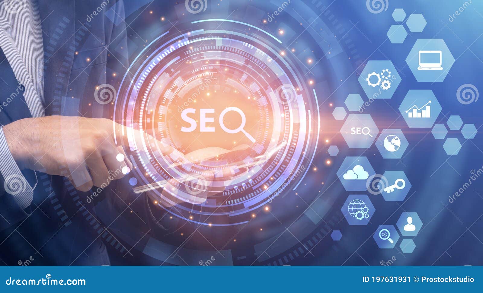 Businessman Using Smartphone Seo-Optimization App Over Blue Background ...