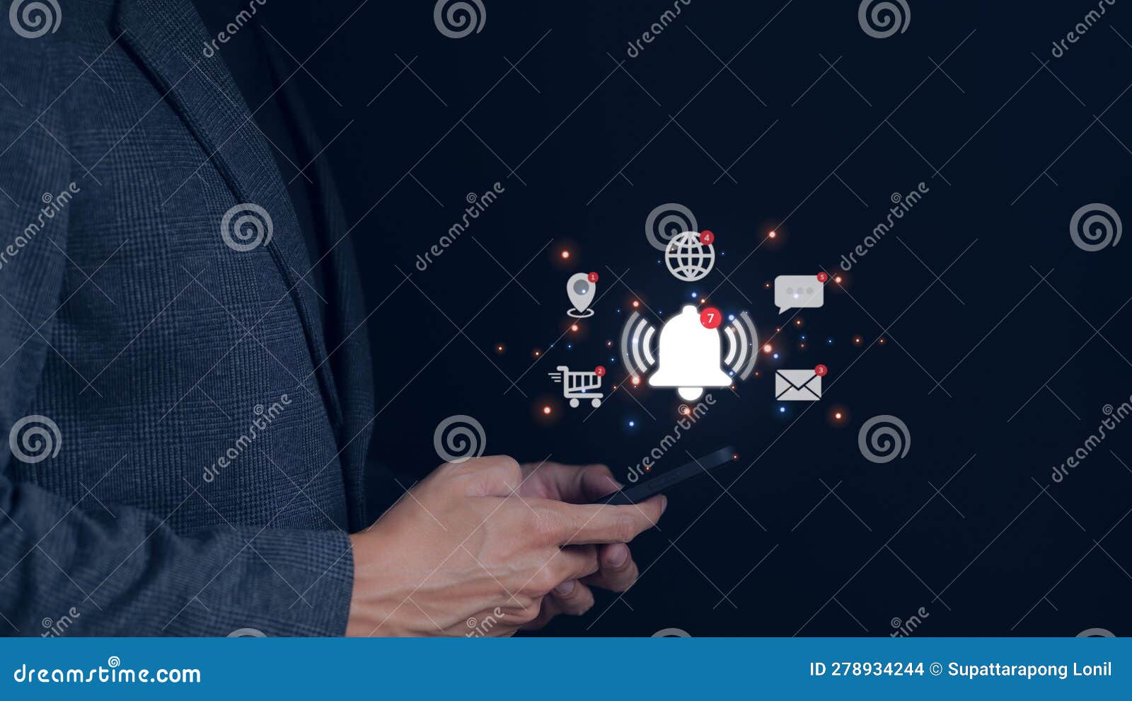 Businessman Using Smartphone with Virtual Bell Ringing for Application ...