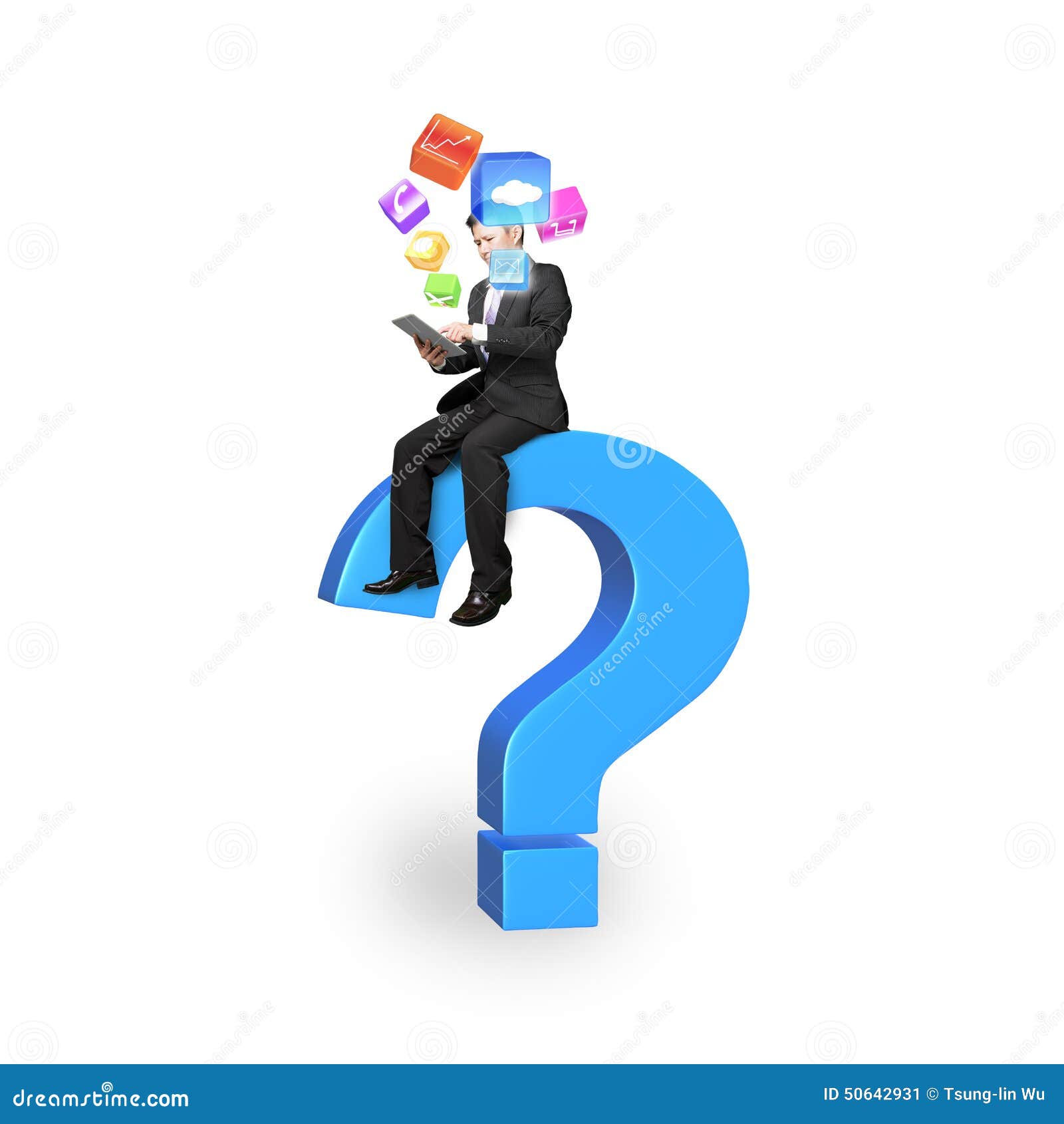 Businessman Using Tablet on Blue Question Mark with App Icons Stock ...