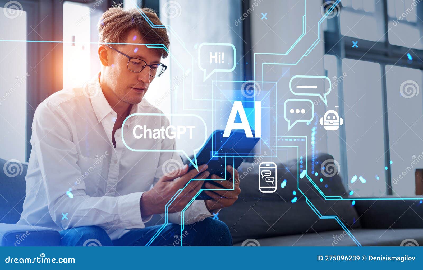 Businessman Using Tablet and Chat Bot, Technology and Communicat Stock ...