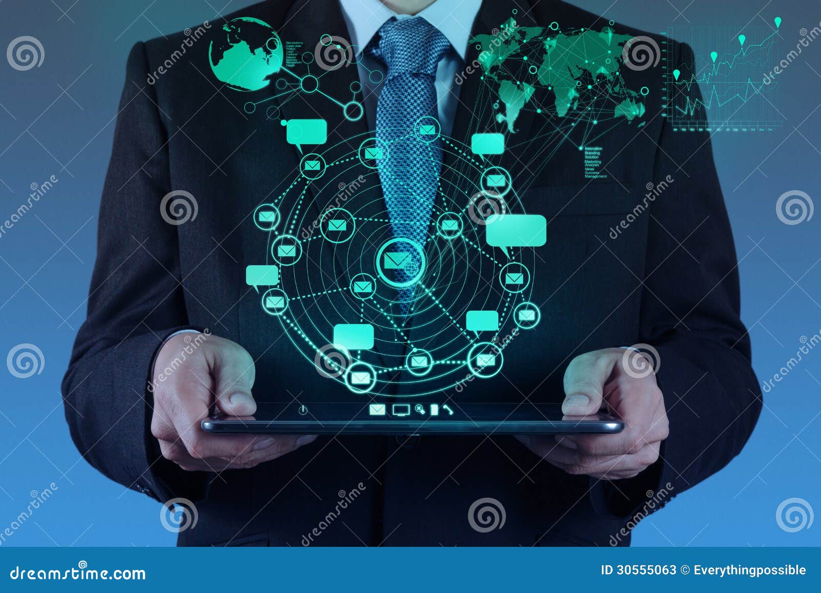 Businessman Using Tablet Computer Shows Internet and Social Network ...